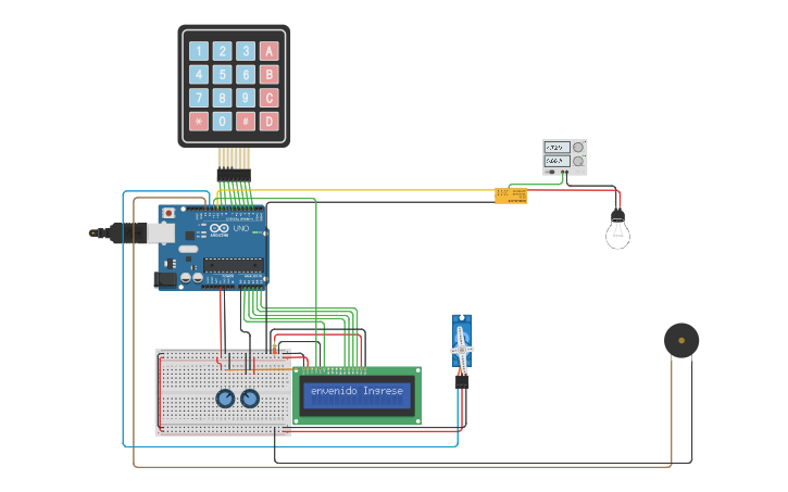 Circuit design contraseña enlazado a servomotor, luces y buzzer - Tinkercad