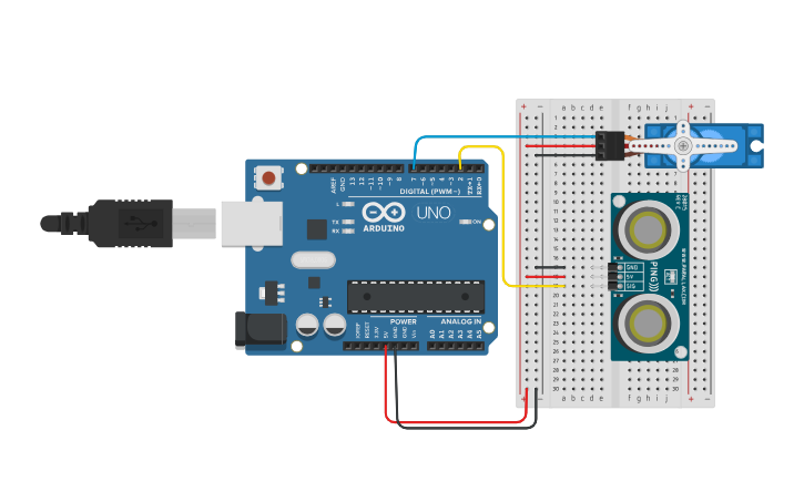 Circuit design Ultrasonic sensor with servo motor - Tinkercad
