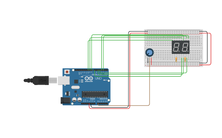 Circuit design Primer ejercicio display 7 segmentos - Tinkercad