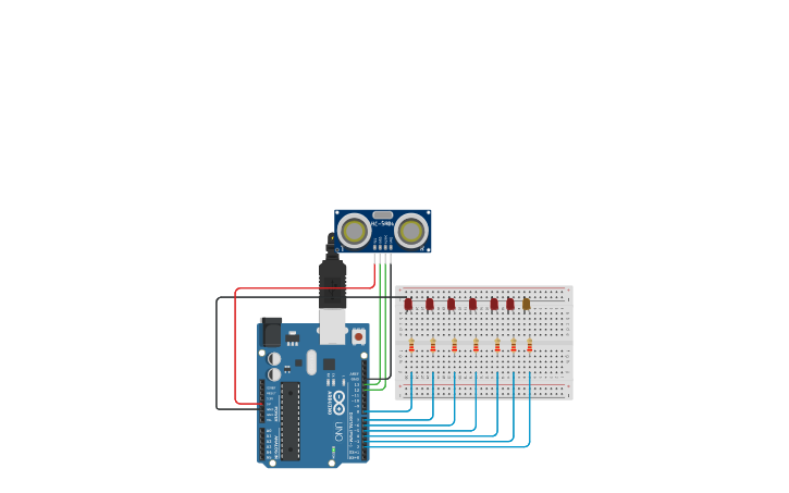 Circuit design Controlling Multiple LED using Ultrasonic Sensor - Tinkercad Circuit design Controlling Multiple LED using Ultrasonic Sensor - Tinkercad