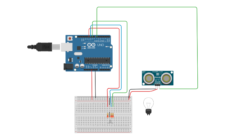 Circuit design Ultrasonic Sensor and RGB Led | Tinkercad