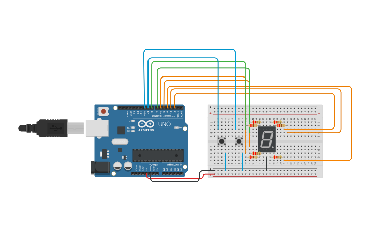 Circuit design Display 7 segmentos com serial | Tinkercad