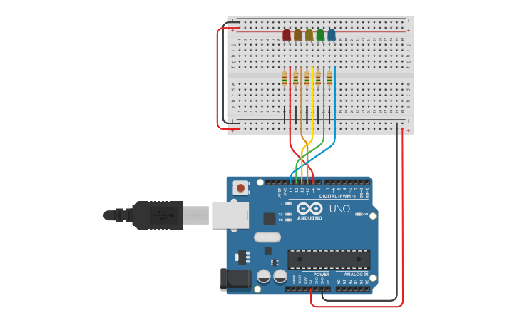 Circuit design Arduino - Esempio 05 - Accendere/Spegnere sequenza LED - Tinkercad