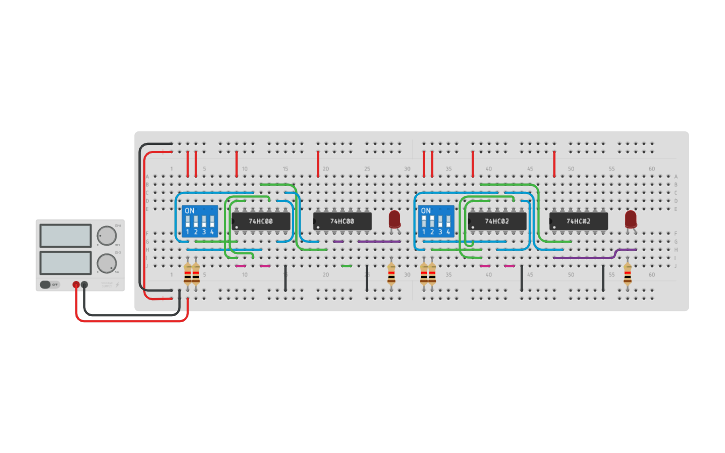 Circuit design XNOR gate using NAND and NOR gate - Tinkercad