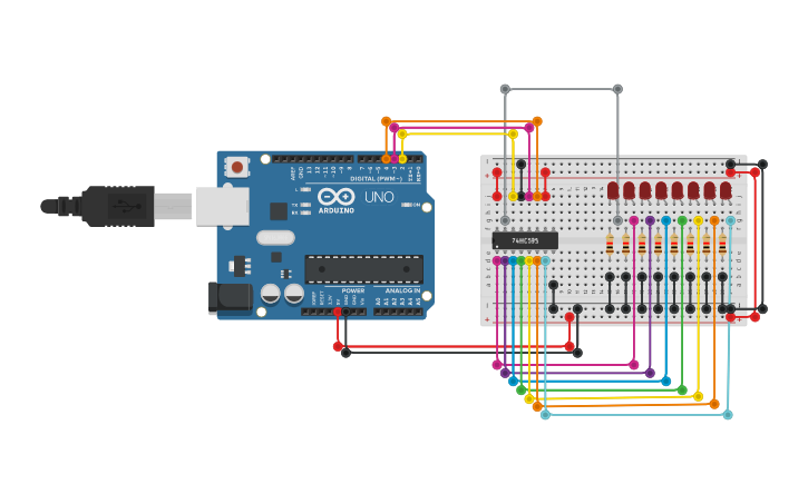 Circuit design 8 Bit shift register - Tinkercad