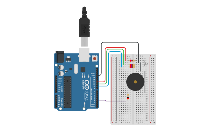 Circuit design Arduino RGB LED and Peizo - Tinkercad