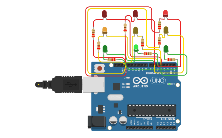 Circuit design 3 Road Traffic Light containing 9 LEDs | Tinkercad