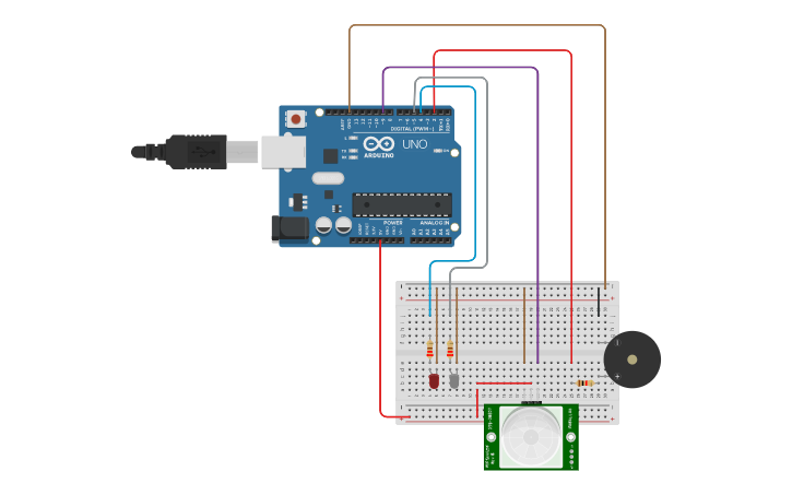Circuit design PIR sensor & alarm - Tinkercad