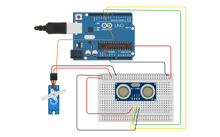 Circuit design Copy of Servo with Ultrasonic Sensor - Tinkercad Circuit design Copy of Servo with Ultrasonic Sensor - Tinkercad
