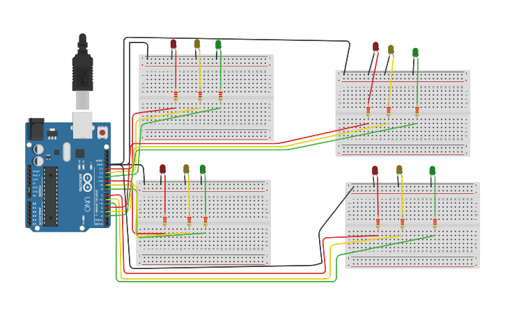 Circuit design Traffic light controlling system. | Tinkercad