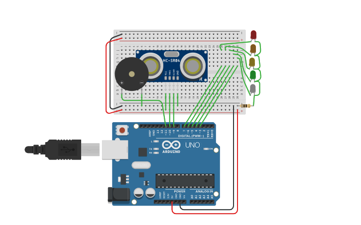 Circuit design distance sencor using ultrasonic waves | Tinkercad