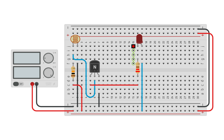 Circuit design LDR Using NPN Transistor for LED - Tinkercad