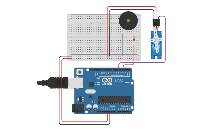 Circuit design Servo and Piezo - Tinkercad