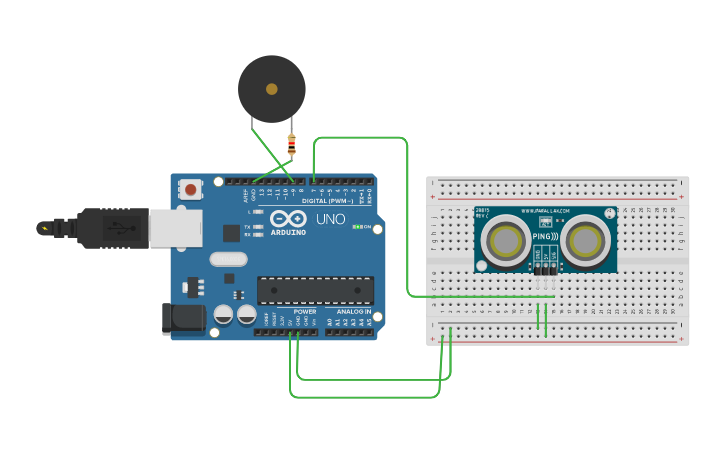 Circuit design Interfacing of Ultrasonic sensor - Tinkercad