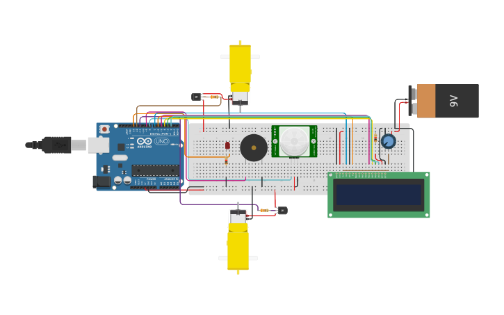 Circuit design Sensor de Movimiento+Motor+LCD - Tinkercad