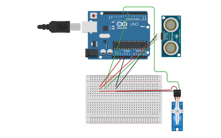 Circuit design servo and ultrasonic - Tinkercad