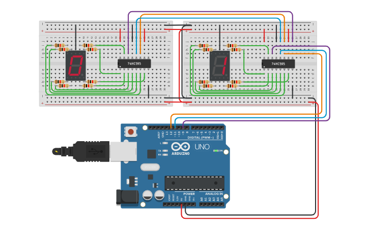 Circuit design Practica 26 2xLed7 2x74HC595 | Tinkercad