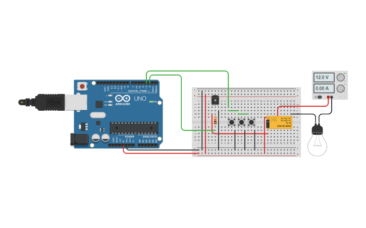 Circuit design comando lampada relè pulsanti in parallelo | Tinkercad