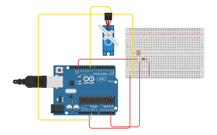 Circuit design Using servo with photoresistor - Tinkercad