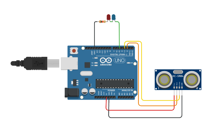 Circuit design Exemplo Sensor Ultrassônico | Tinkercad