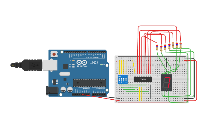 Circuit design Decodificador BCD 7 segmentos - Tinkercad