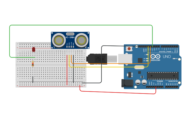 Circuit design 4 pin ultrasonic sensor - Tinkercad