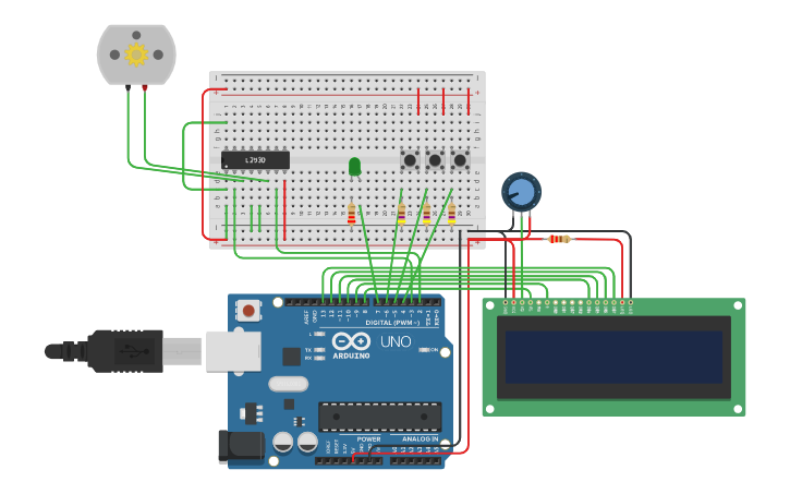 Circuit design Arduino+LCD+Botao+MotorCC com L293D - Tinkercad