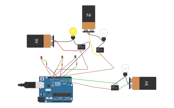 Circuit design Arduino LEDS FOCOS RELES - Tinkercad