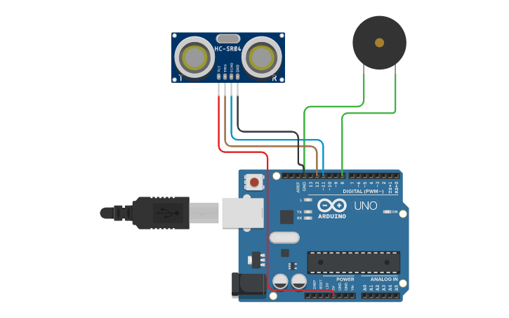 Circuit Design Ultrasonic Sensor With Buzzer Tinkercad