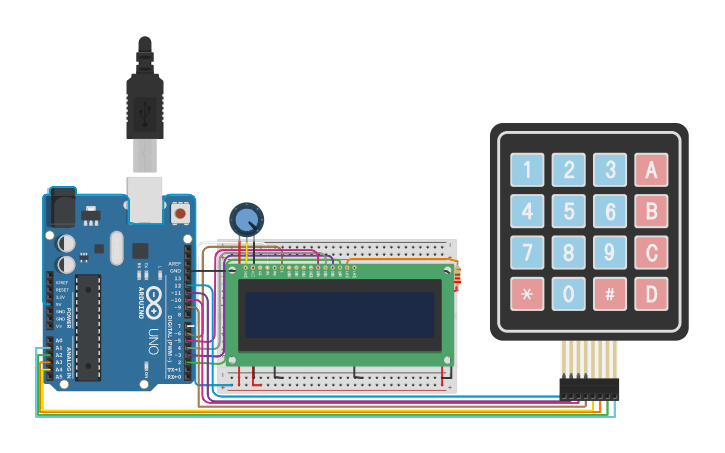 Circuit design CALCULADORA CON LCD Y KEYPAD IXE | Tinkercad
