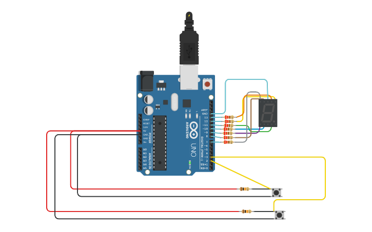 Circuit design 7 Segment Cathode SwitchUpDown | Tinkercad