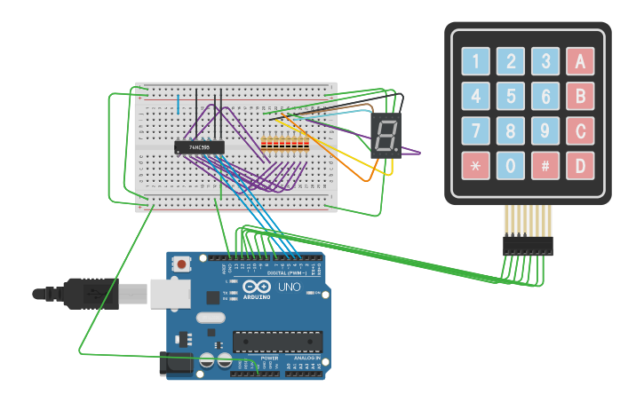 Circuit design 7 segment using 595 with keypad input - Tinkercad Circuit design 7 segment using 595 with keypad input - Tinkercad