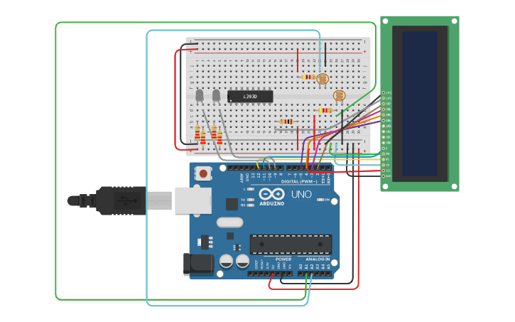 Circuit design 2 LED's + Light Sensor w/LCD Display - Tinkercad