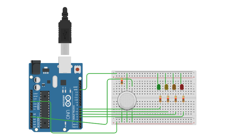 Circuit design Uygulama 13.1-Gaz Sensörü | Tinkercad