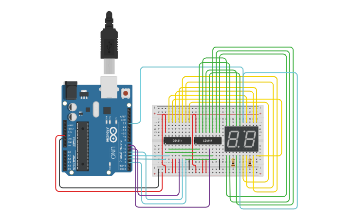 Circuit design 2 élément 7 segments 7 lignes - Tinkercad