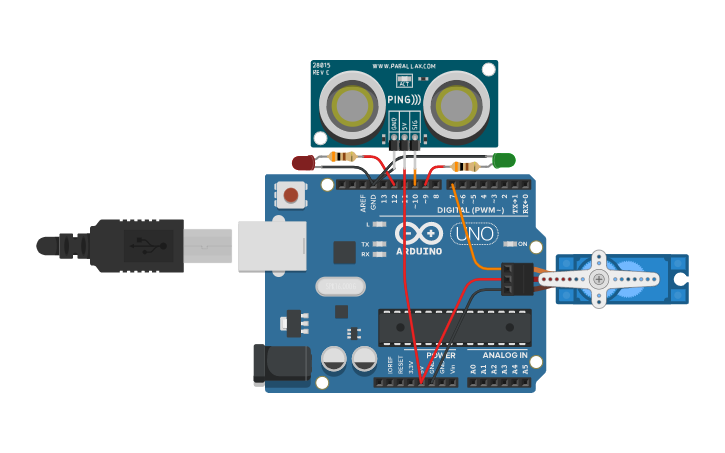 Circuit Design Sensor Ultrasonik Tinkercad