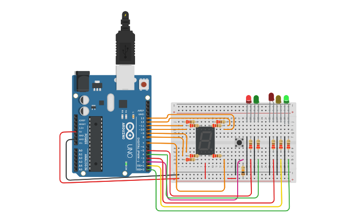 Circuit design Semáforo Completo com Display 7 segmentos - Tinkercad