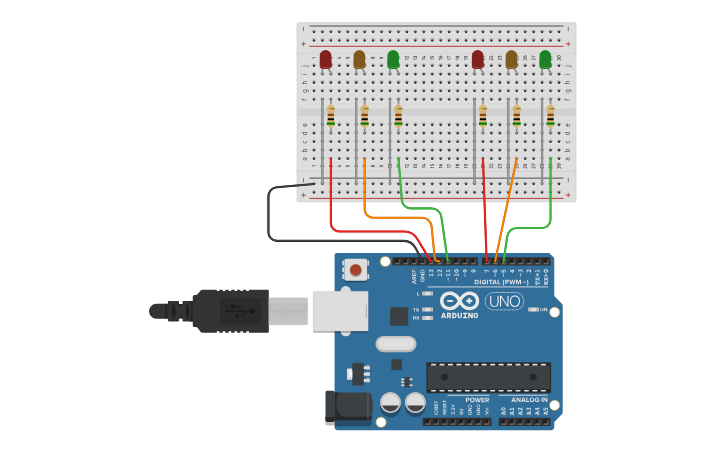 Circuit design semaforo doble - Tinkercad