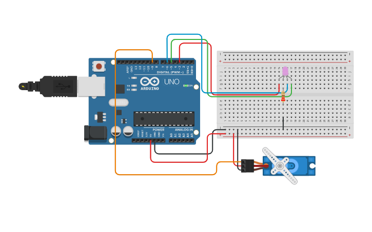 Circuit design Motor Servo RGB Led - Tinkercad