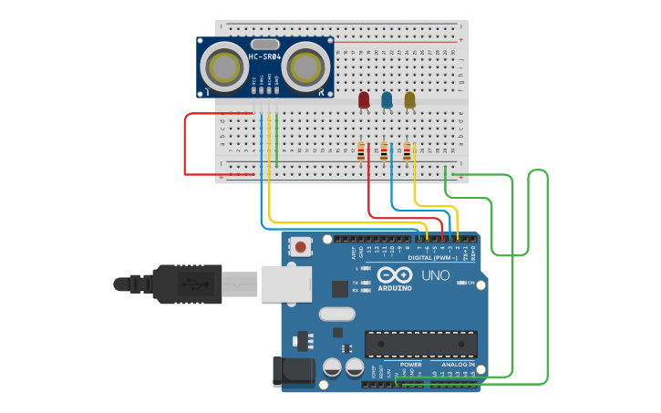 Circuit design 2a01_Lesson1 Ultrasonic Distance Sensor - Tinkercad