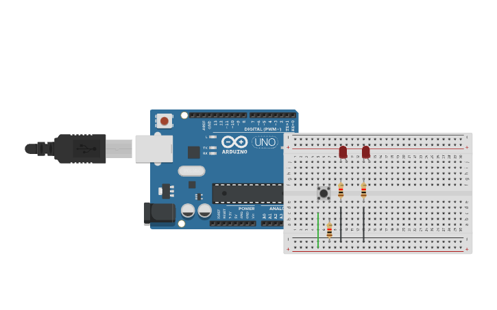 Circuit Design Uart Controlling 2 Leds On Single Button Tinkercad
