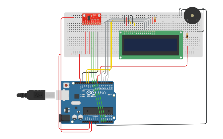 Circuit design Accelerometer with Buzzer and LCD - Tinkercad