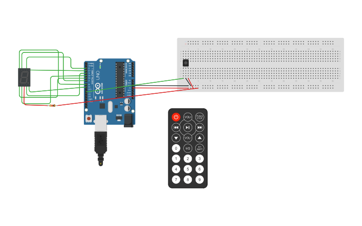 Circuit design Remote control + 7 segment indicator - Tinkercad