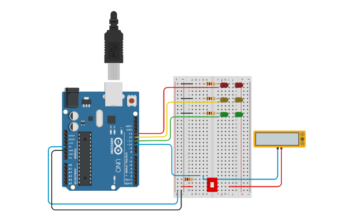 Circuit design Traffic Lights using switch - Tinkercad