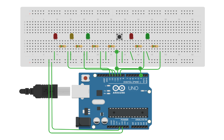 Circuit design Interactive Traffic Lights - Tinkercad Circuit design Interactive Traffic Lights - Tinkercad