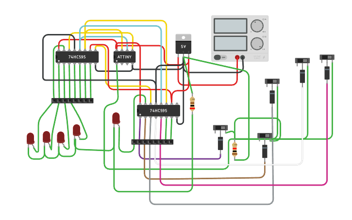 Circuit design ATTINY - 74HC595 - Multiple Inputs AND Outputs Using 4 Pins | Tinkercad
