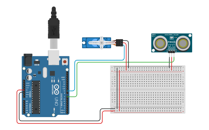 Circuit design servo motor with distance - Tinkercad