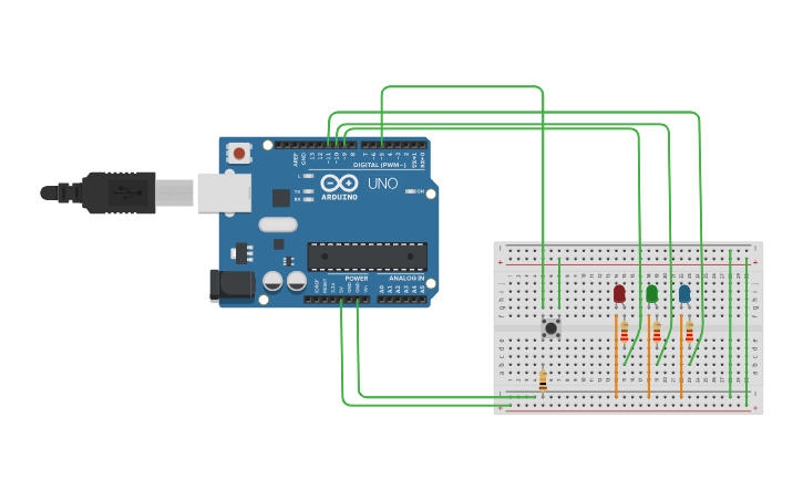 Circuit Design Arduino With Button And 3 Leds Tinkercad