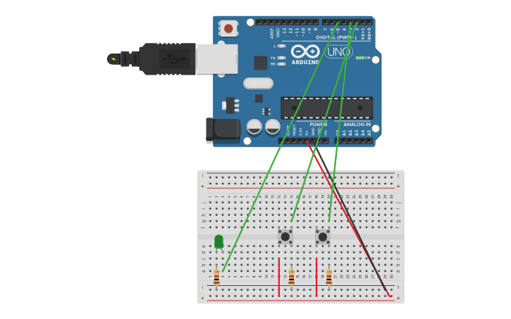 Circuit design Dos pulsadores un LED - Tinkercad