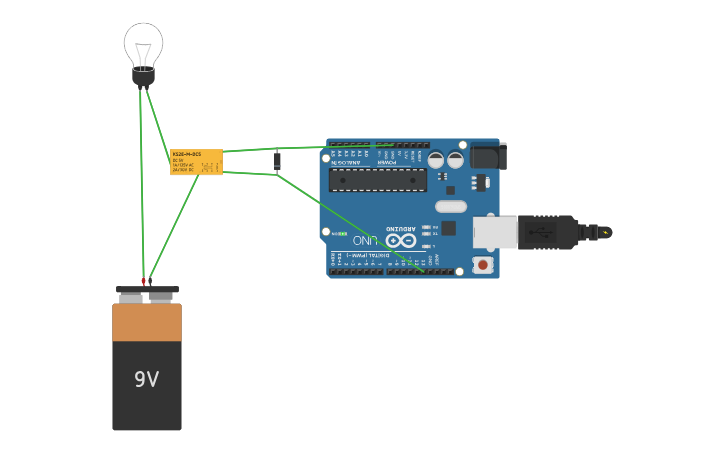 Circuit design Relay switch on bulb - Tinkercad